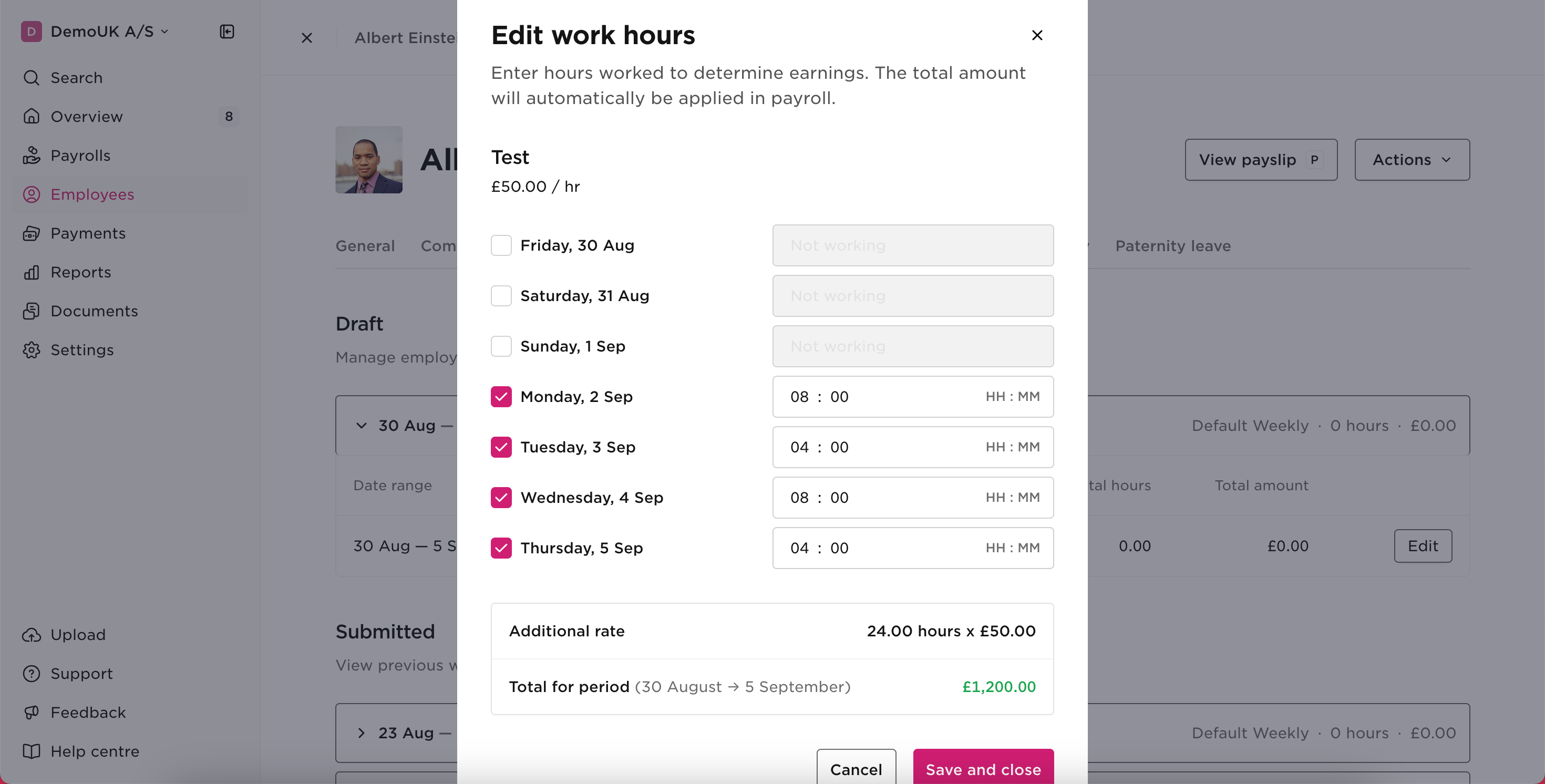 Add work hours – UK Payroll