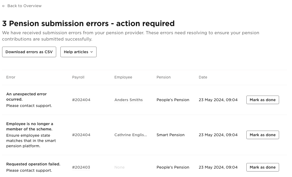 Resolve pension submission errors – UK Payroll
