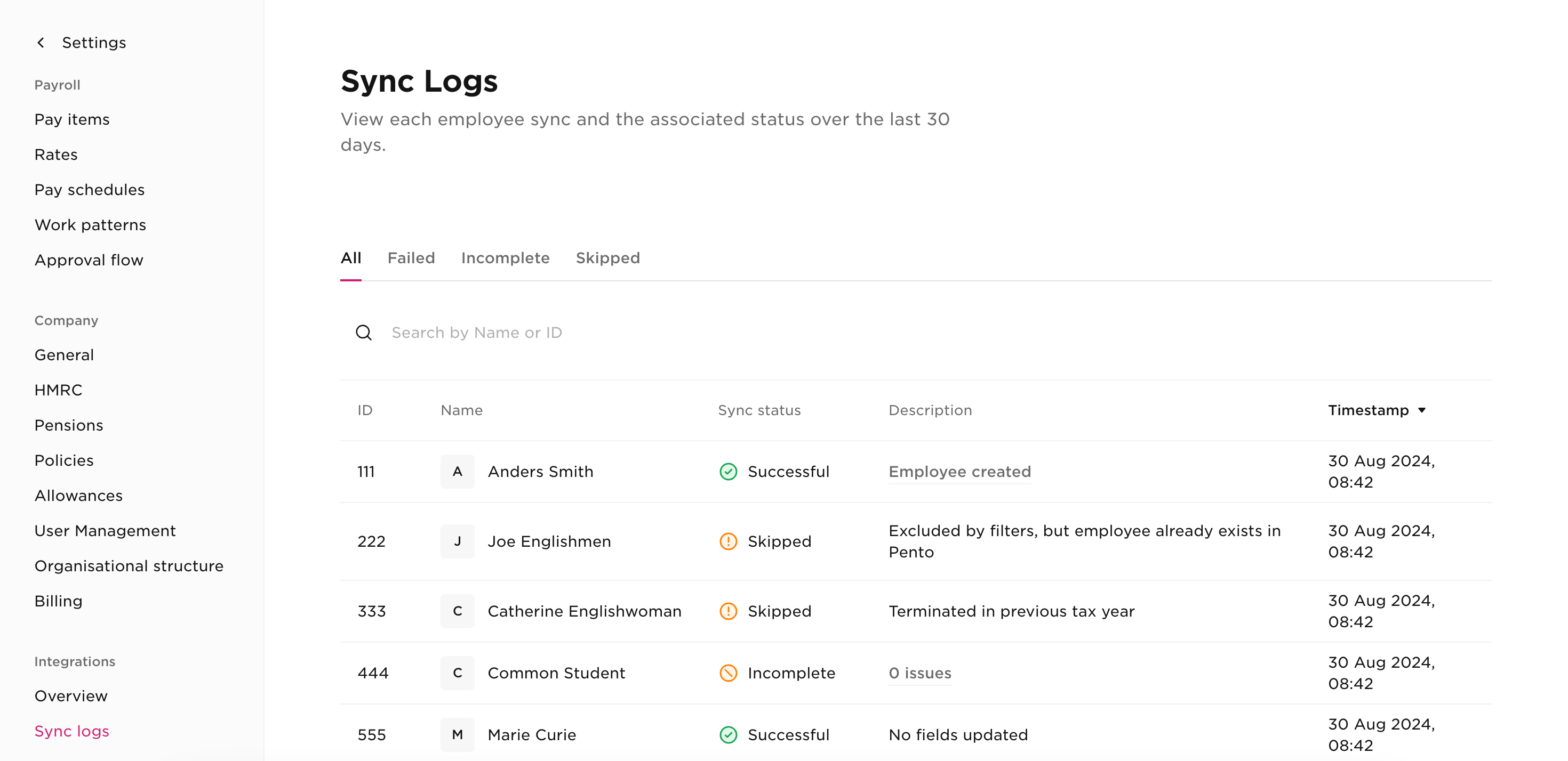Sync logs – UK Payroll